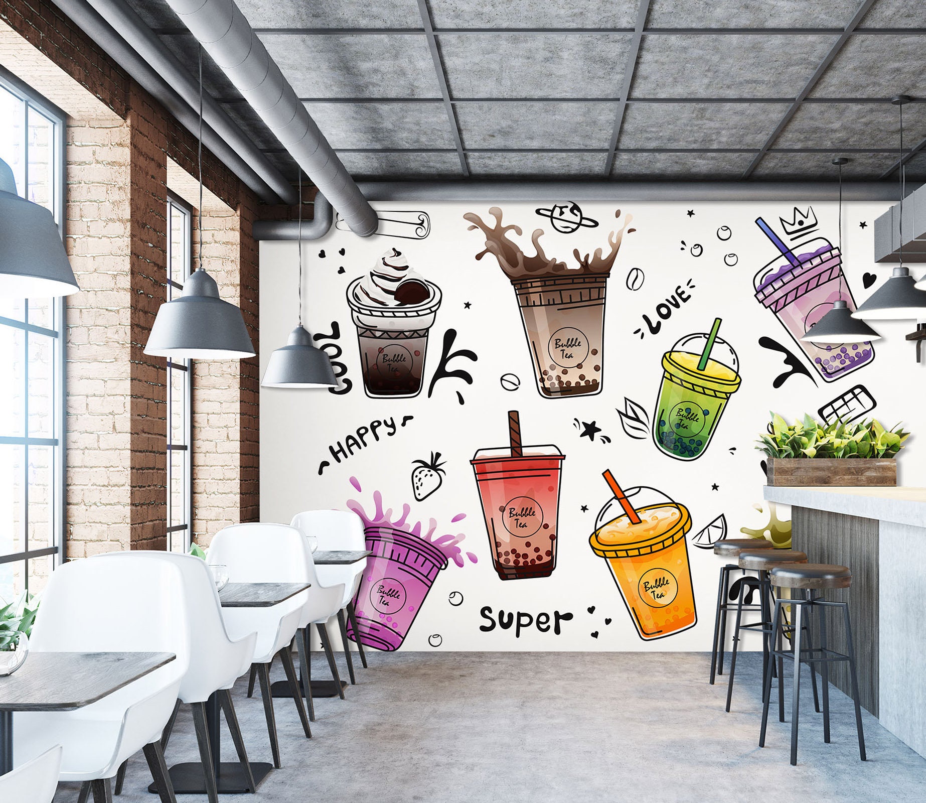 3D Pearl Tea FFA1924 Fruit Bubble Tea Milk Tea Shop Removable Wallpaper ...
