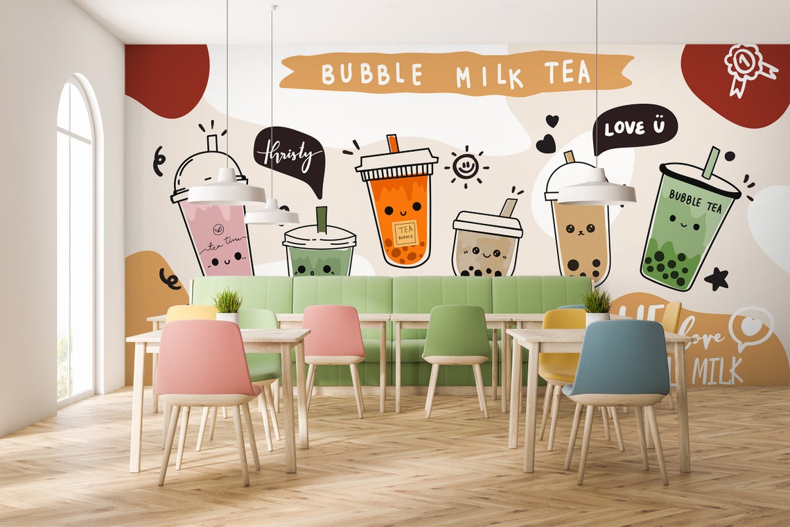 3D Pearl Tea FFA1894 Fruit Bubble Tea Milk Tea Shop Removable Wallpaper ...