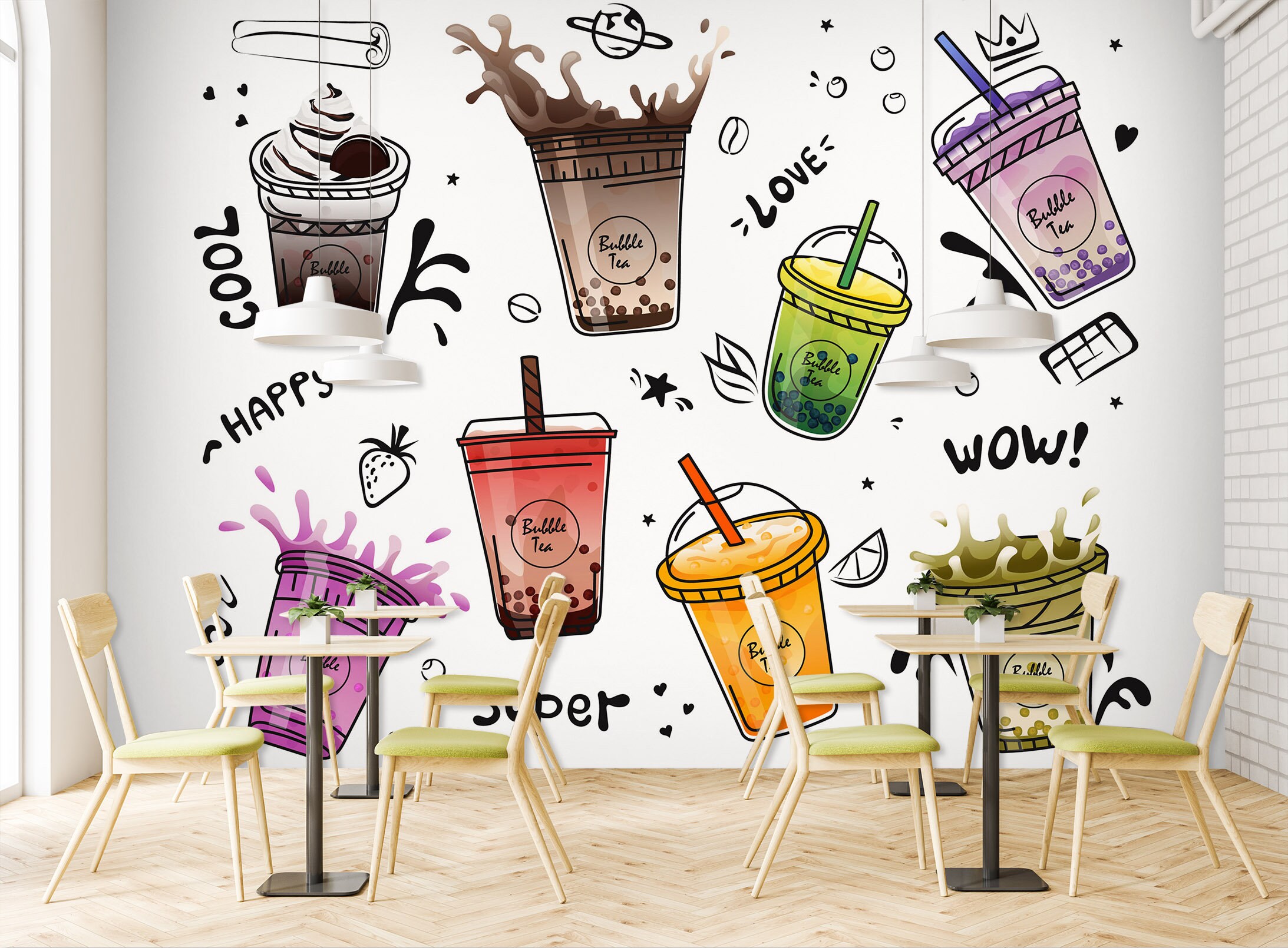 3D Pearl Tea FFA1924 Fruit Bubble Tea Milk Tea Shop Removable Wallpaper ...