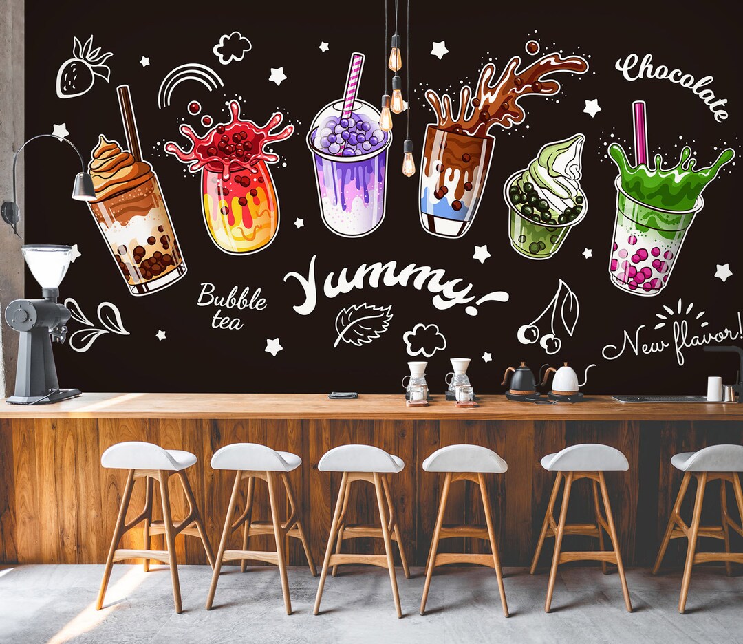 3D Pearl Tea FFA1919 Fruit Bubble Tea Milk Tea Shop Removable Wallpaper ...