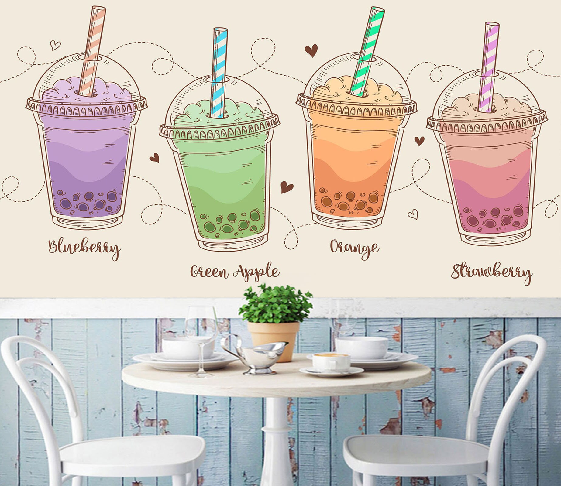 3D Pearl Tea FFA1854 Fruit Bubble Tea Milk Tea Shop Removable Wallpaper ...
