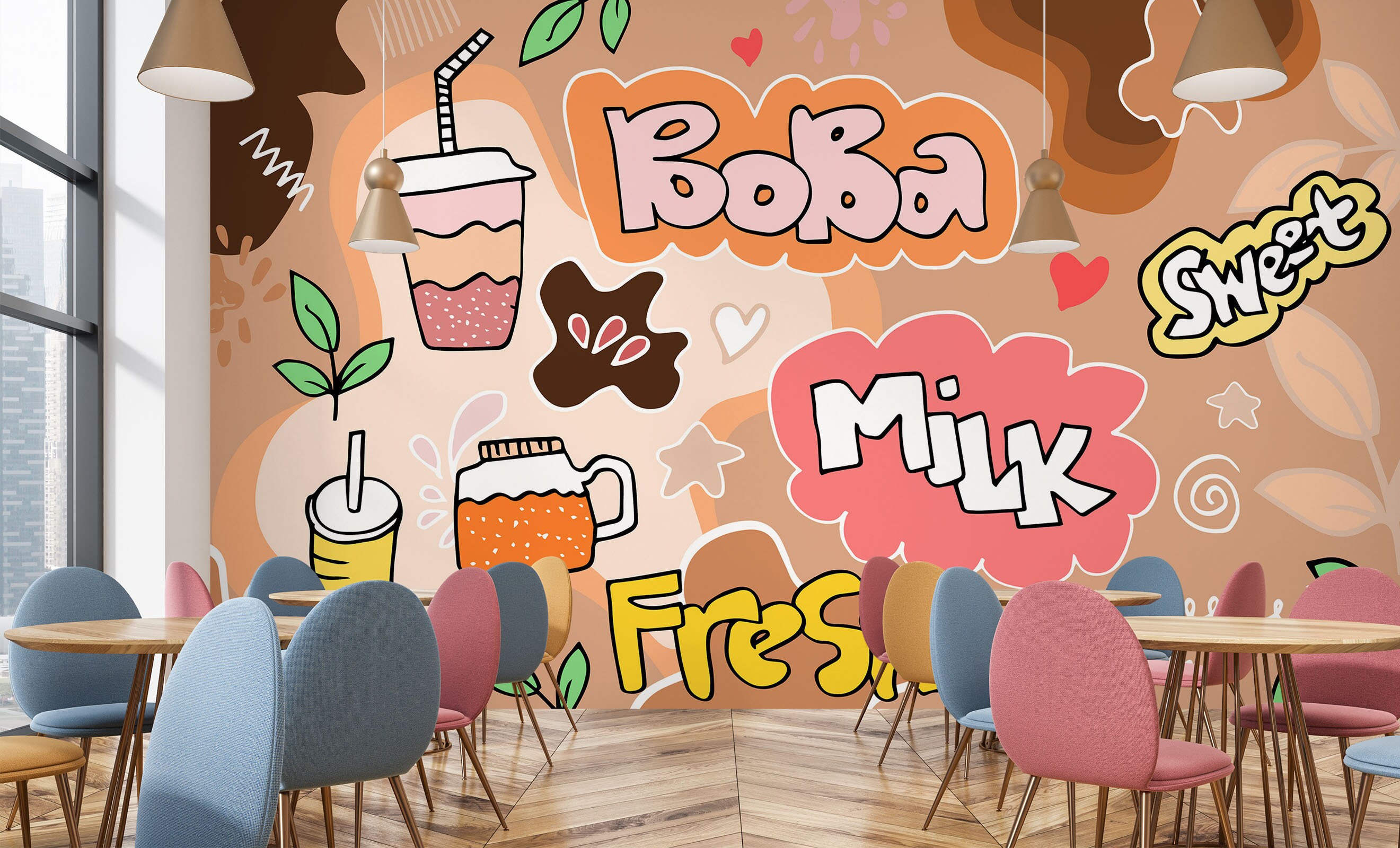3D Pearl Tea FFA1909 Fruit Bubble Tea Milk Tea Shop Removable Wallpaper ...