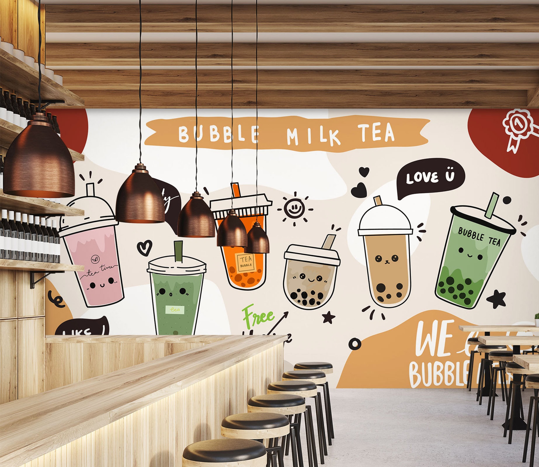3D Pearl Tea FFA1894 Fruit Bubble Tea Milk Tea Shop Removable Wallpaper ...