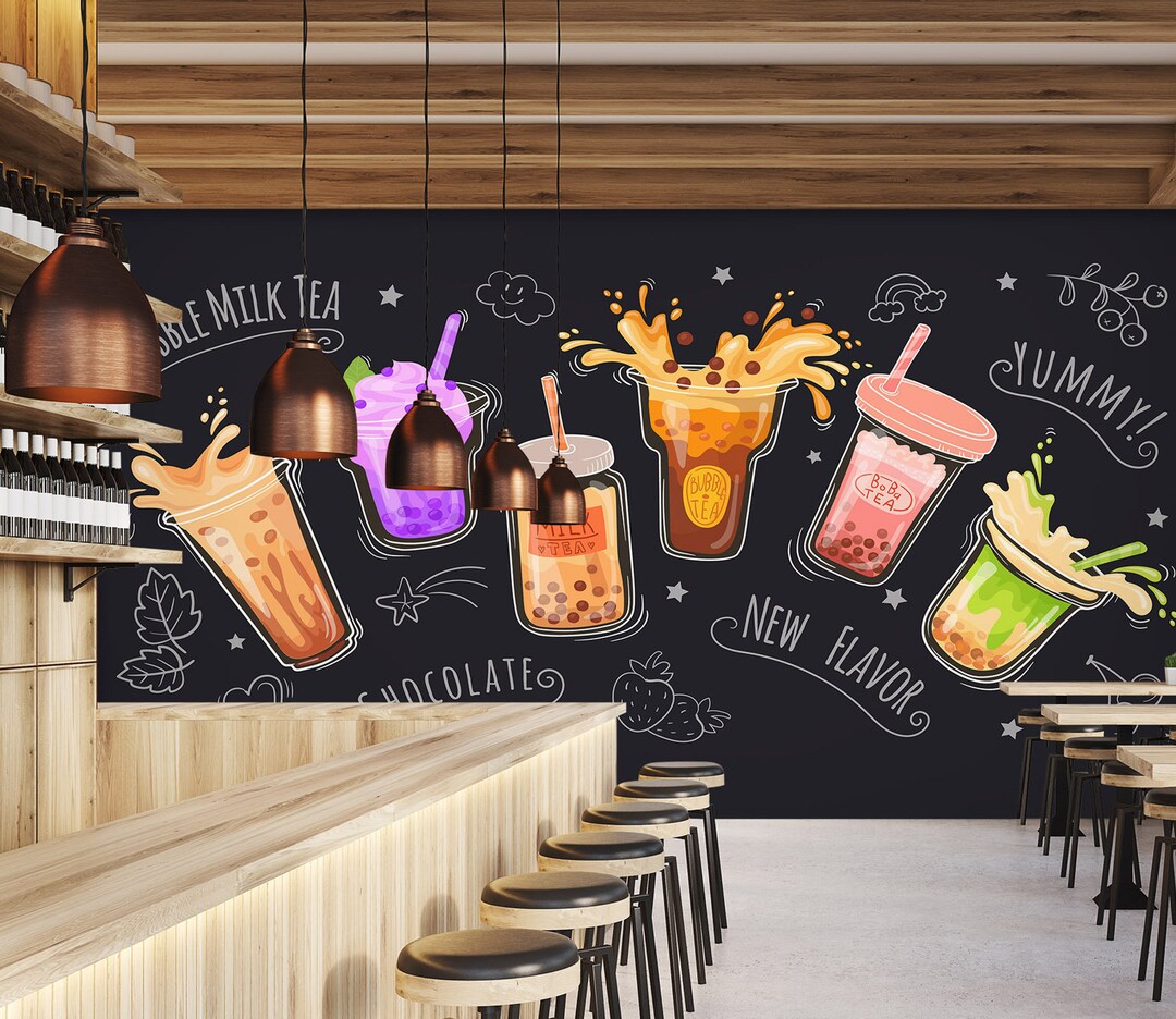 3D Pearl Tea FFA1923 Fruit Bubble Tea Milk Tea Shop Removable Wallpaper ...