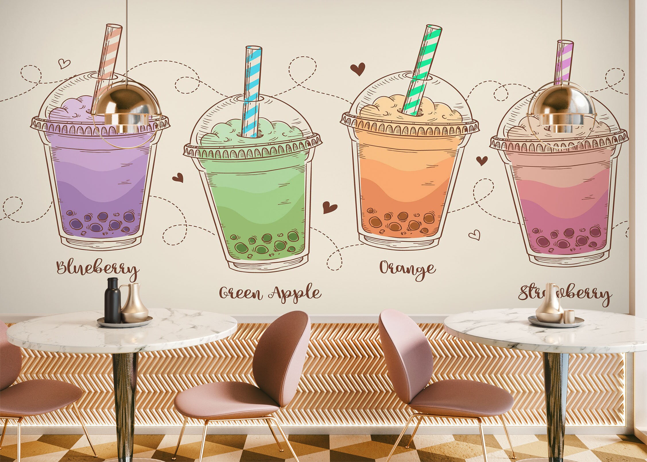 3D Pearl Tea FFA1854 Fruit Bubble Tea Milk Tea Shop Removable Wallpaper ...