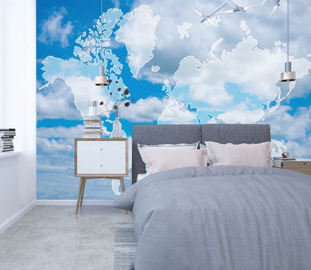 3D Sky White Clouds FFA4974 World Map Removable Wallpaper Self Adhesive ...