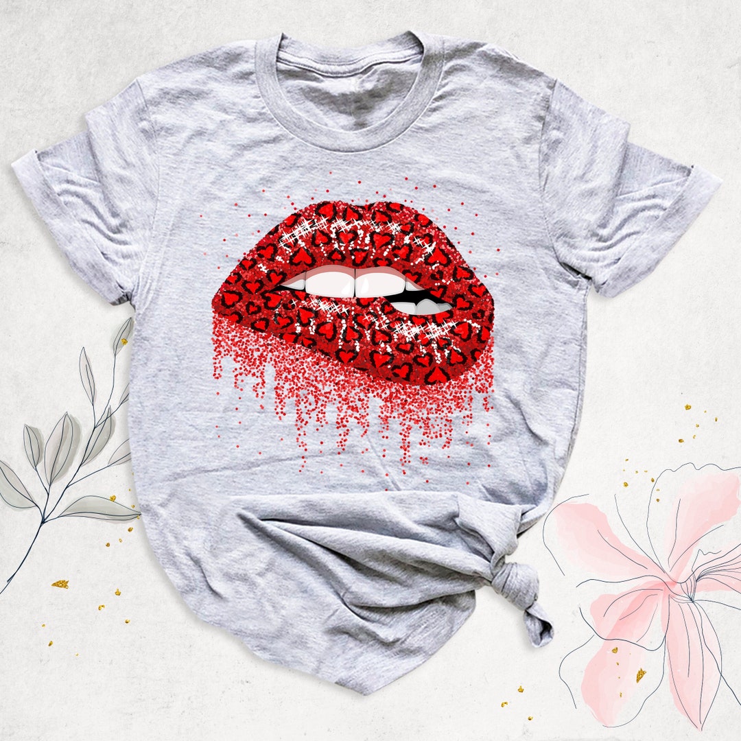 Leopard Print Lip Shirt Red Lips Kiss Shirt Valentines Day Shirt Bite Lips Shirt Red Heart