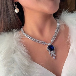 Luxurious Blue Sapphire Double Layered Zircon Necklace/earring Set-sparkling Cornflower Blue ...