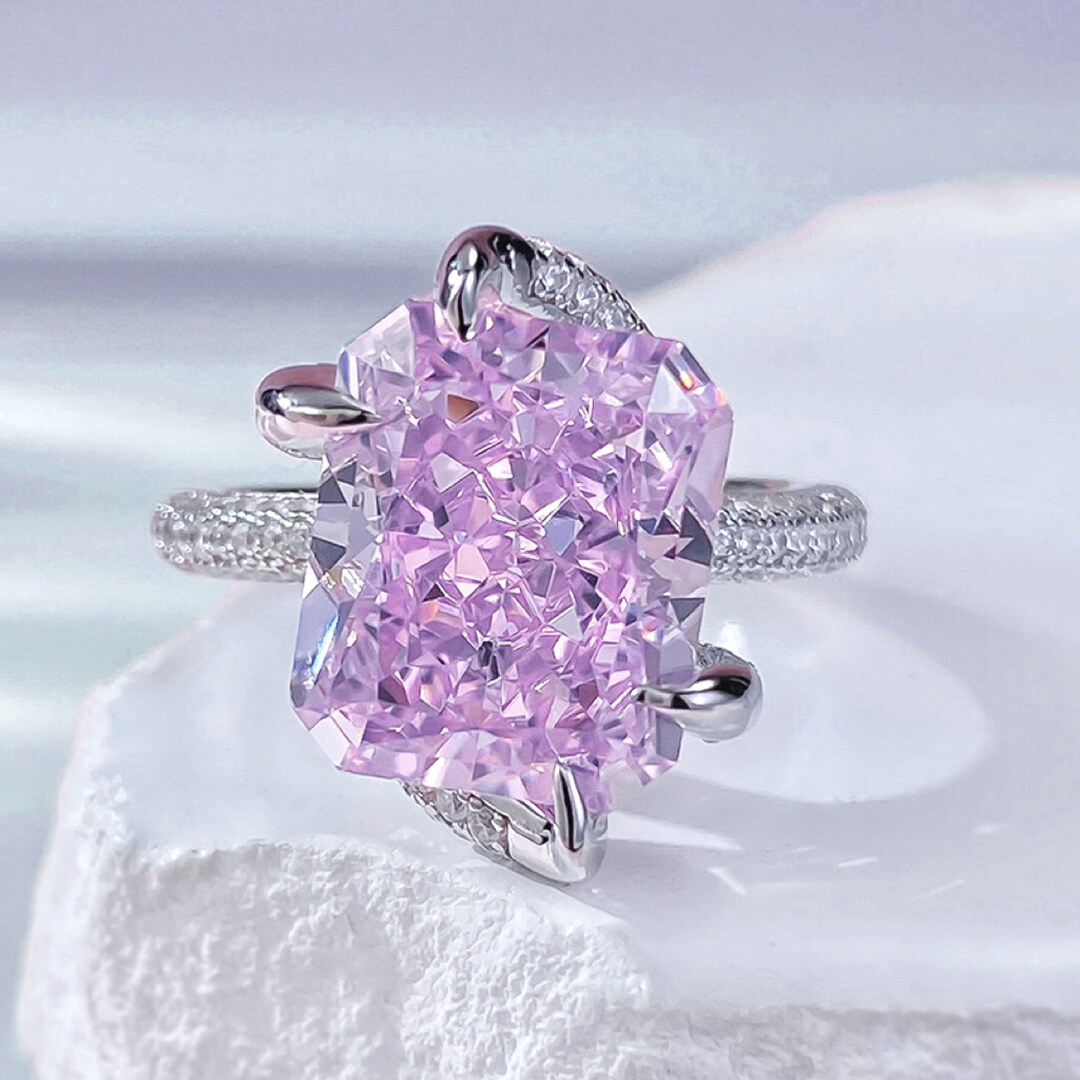 Brilliant Pink Diamond Ring,radiant Cut CZ Ring,silver Birthstone Ring ...