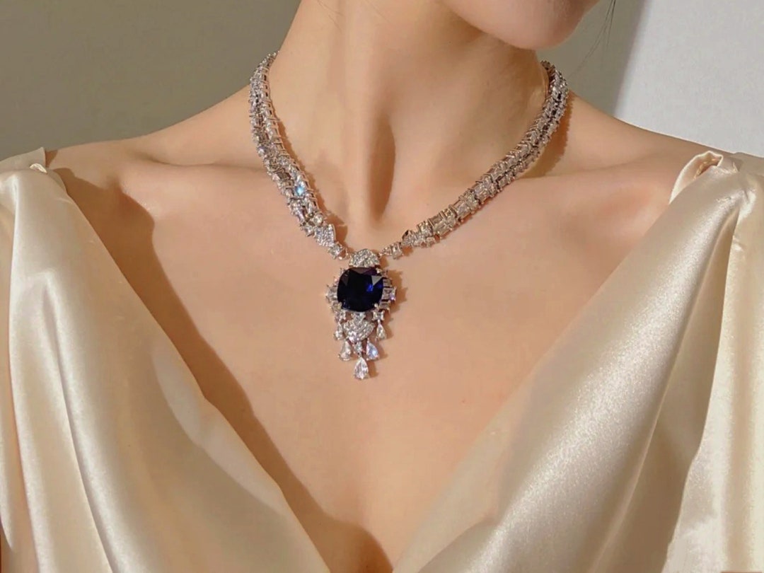 Luxurious Blue Sapphire Double Layered Zircon Necklace/earring Set-sparkling Cornflower Blue ...