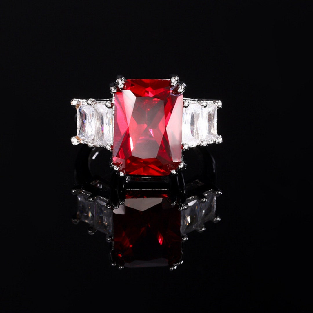 Luxury Ruby Big Ring, CZ Cocktail Ring, Baguette Cut Red Diamond, Ruby ...
