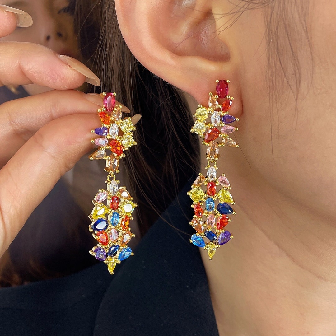 Rhinestone Colorful Earrings, Gemstone Earrings, Multi Stone, Diamond ...