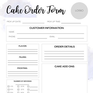 Customizable Cake Order Form, Order Form Template, Printable Order Form ...