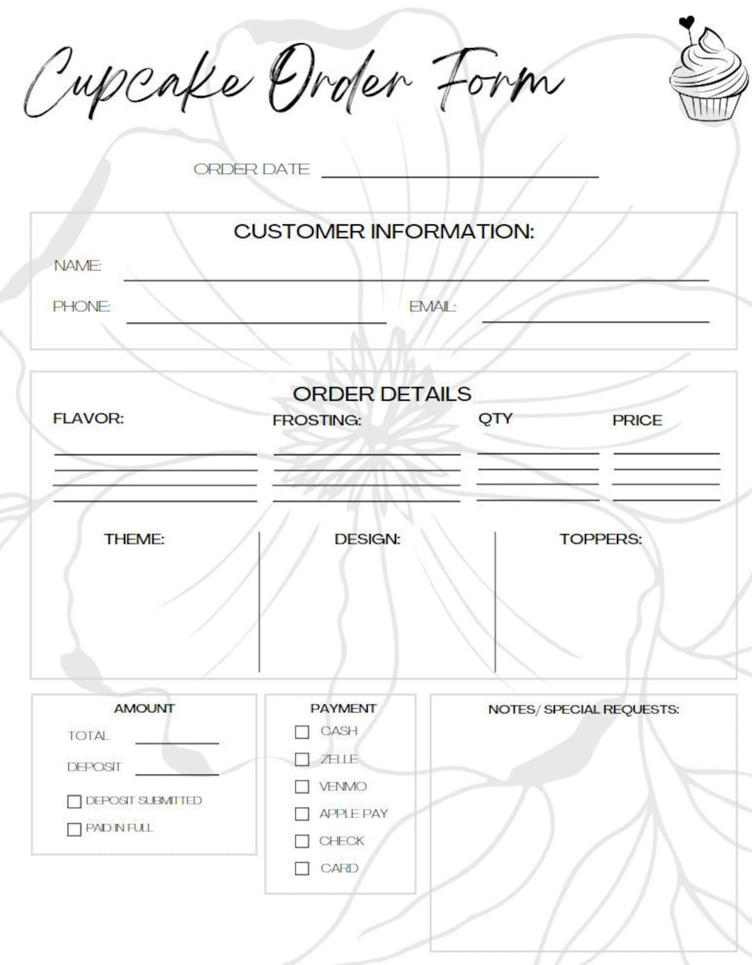 Floral Cupcake Order Form | Cupcake Forms | Order Template | Printable ...