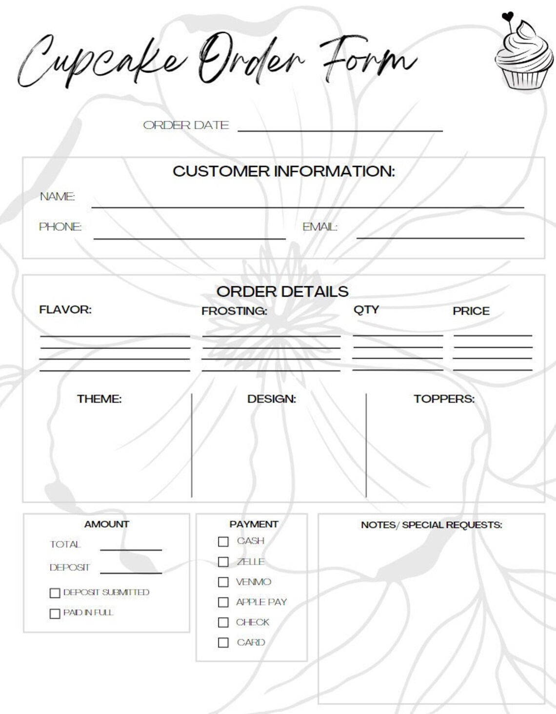 Floral Cupcake Order Form | Cupcake Forms | Order Template | Printable ...