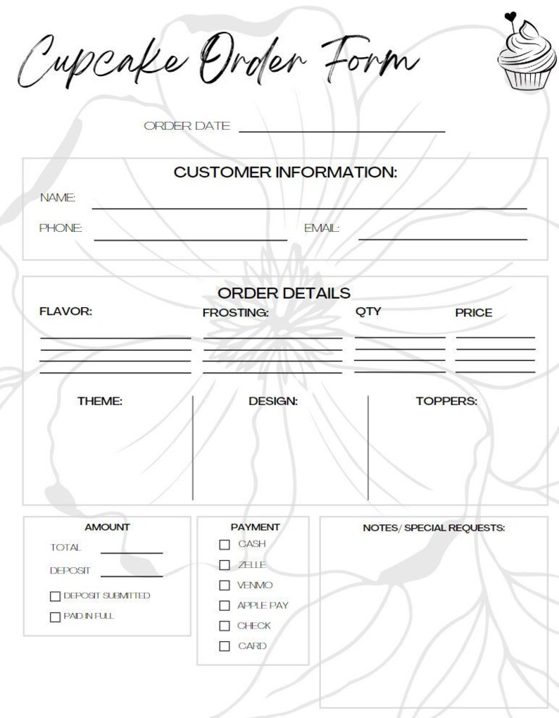 Floral Cupcake Order Form | Cupcake Forms | Order Template | Printable ...