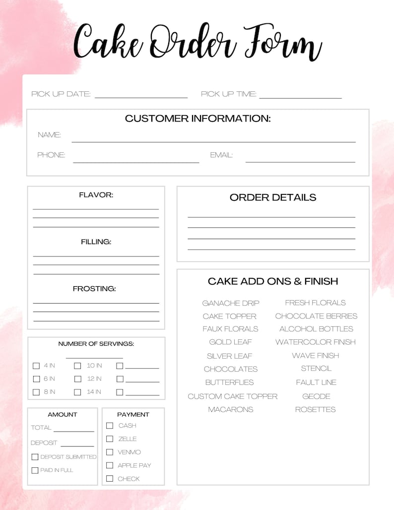 Pink Non Custom Cake Order Form Order Form Template Printable Order ...