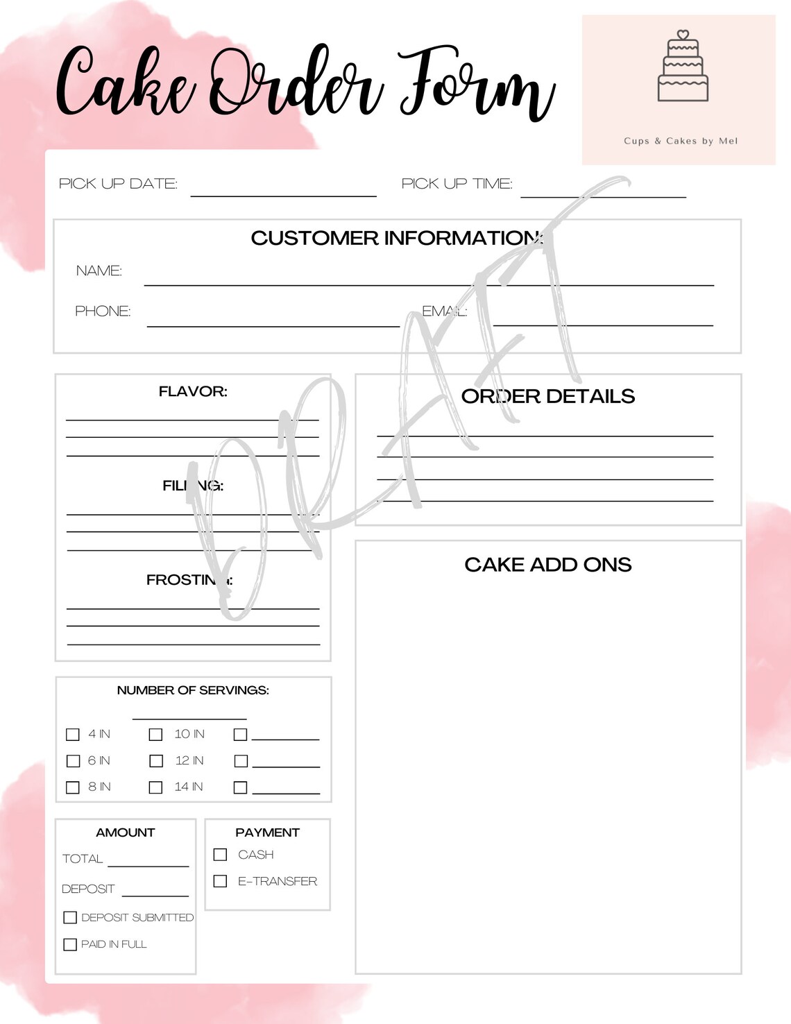 Customizable Cake Order Form, Order Form Template, Printable Order Form ...