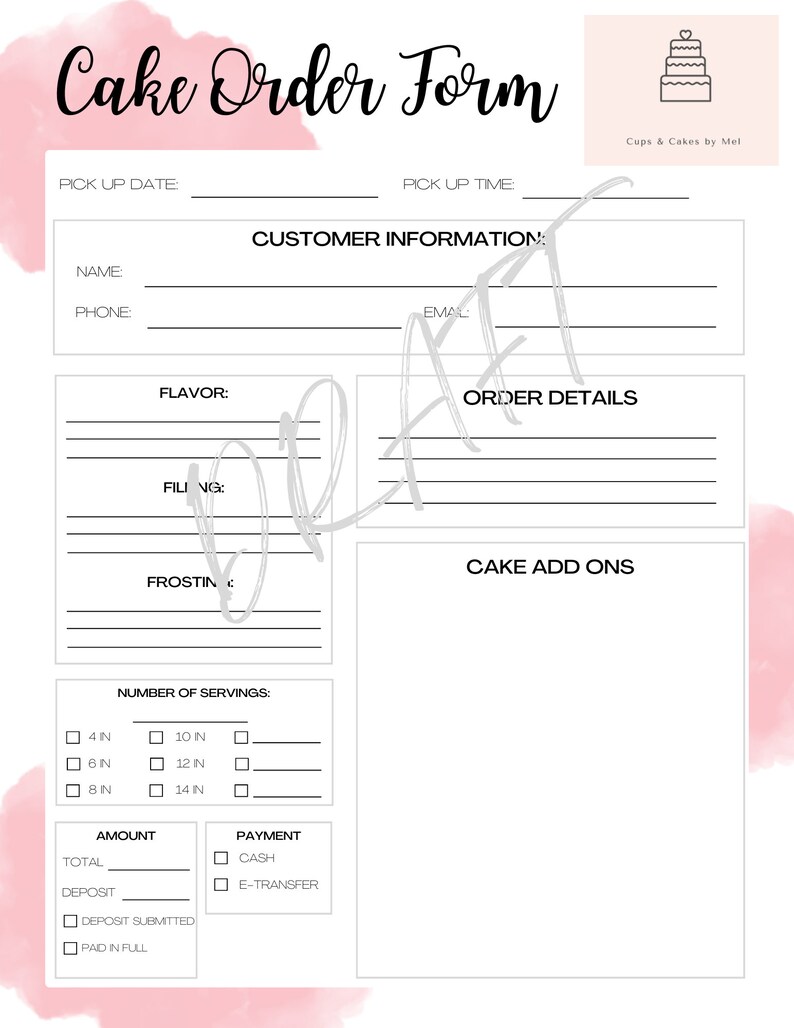 Customizable Cake Order Form, Order Form Template, Printable Order Form ...