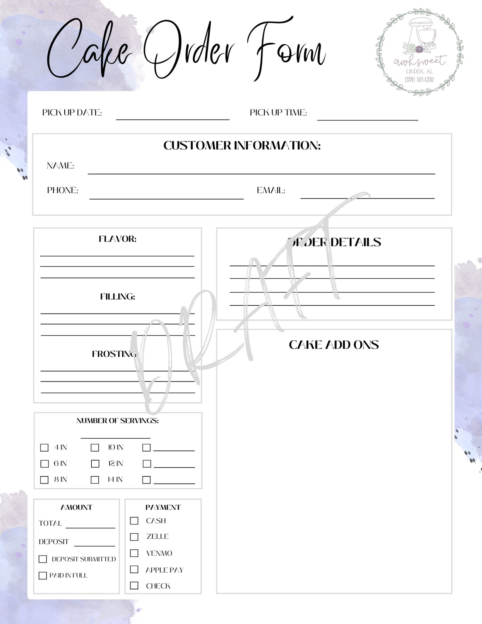 Customizable Cake Order Form, Order Form Template, Printable Order Form ...