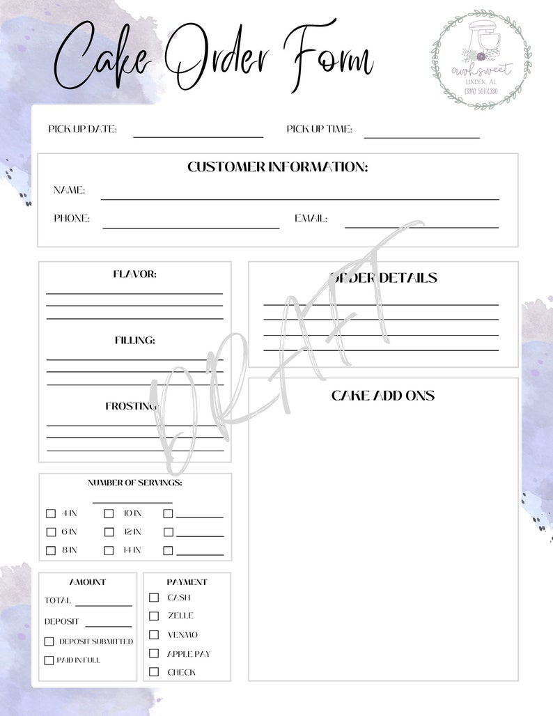 Customizable Cake Order Form, Order Form Template, Printable Order Form ...