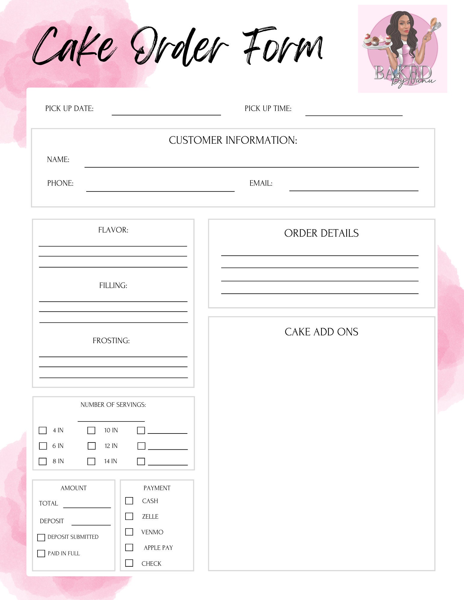 Customizable Cake Order Form, Order Form Template, Printable Order Form ...
