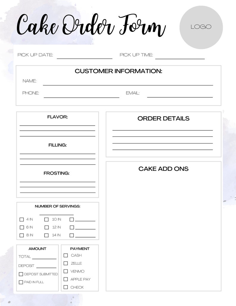Customizable Cake Order Form, Order Form Template, Printable Order Form ...