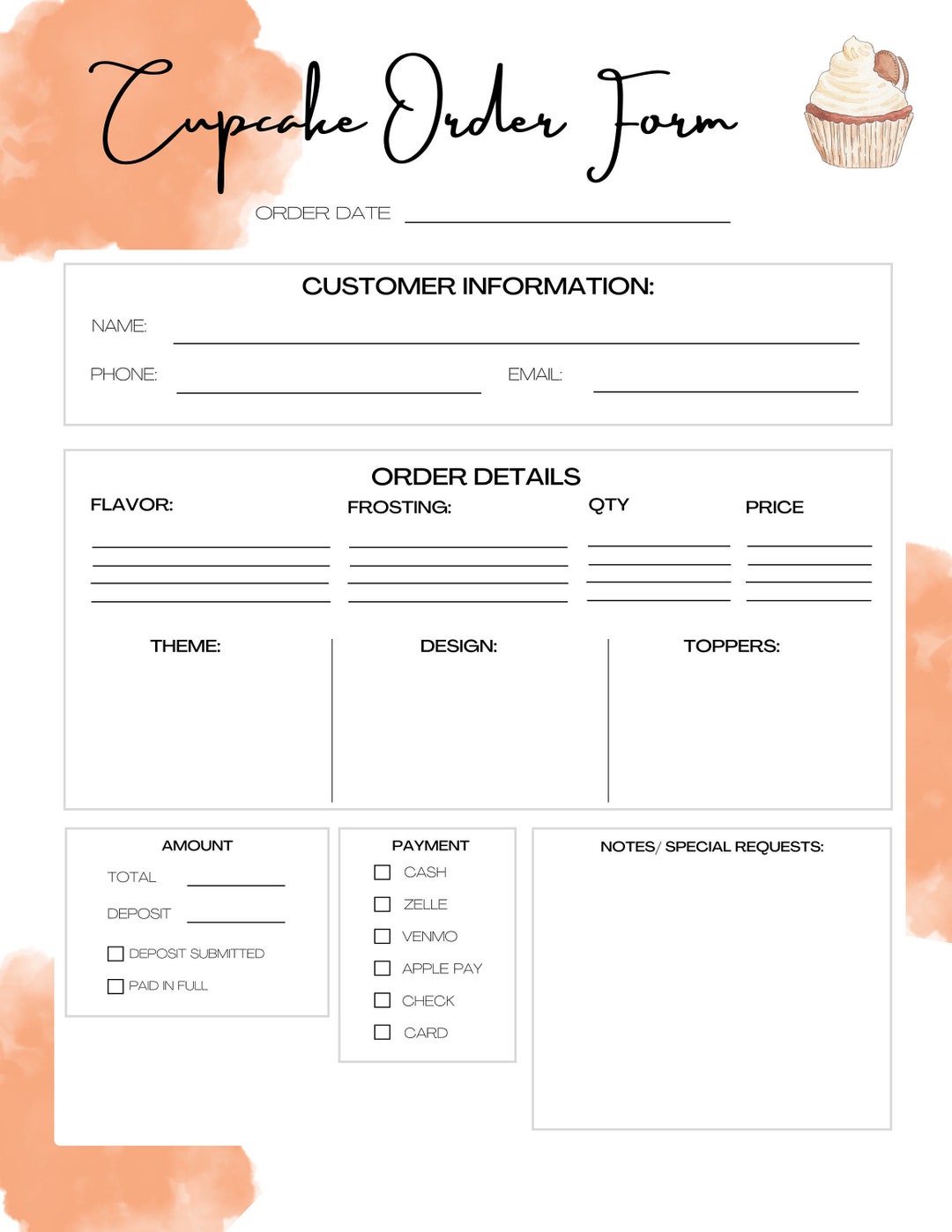 Orange | Non Custom Cupcake Order Form | Cupcake Forms | Order Template ...