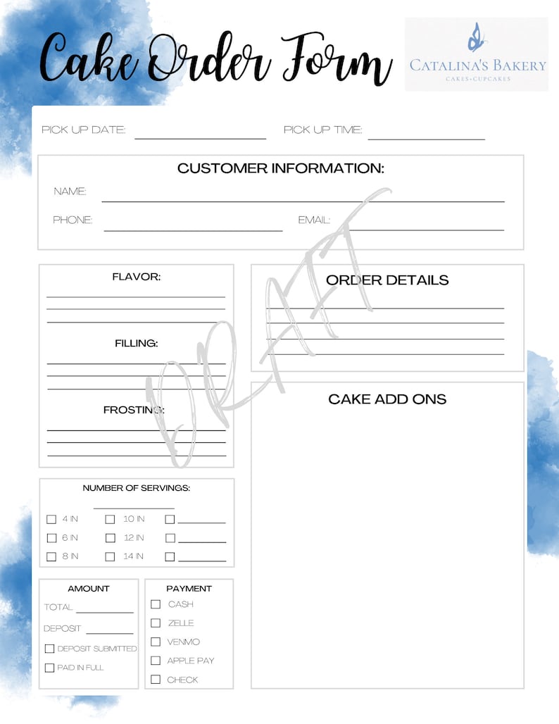 Customizable Cake Order Form Template, Small Business (PDF) - Etsy