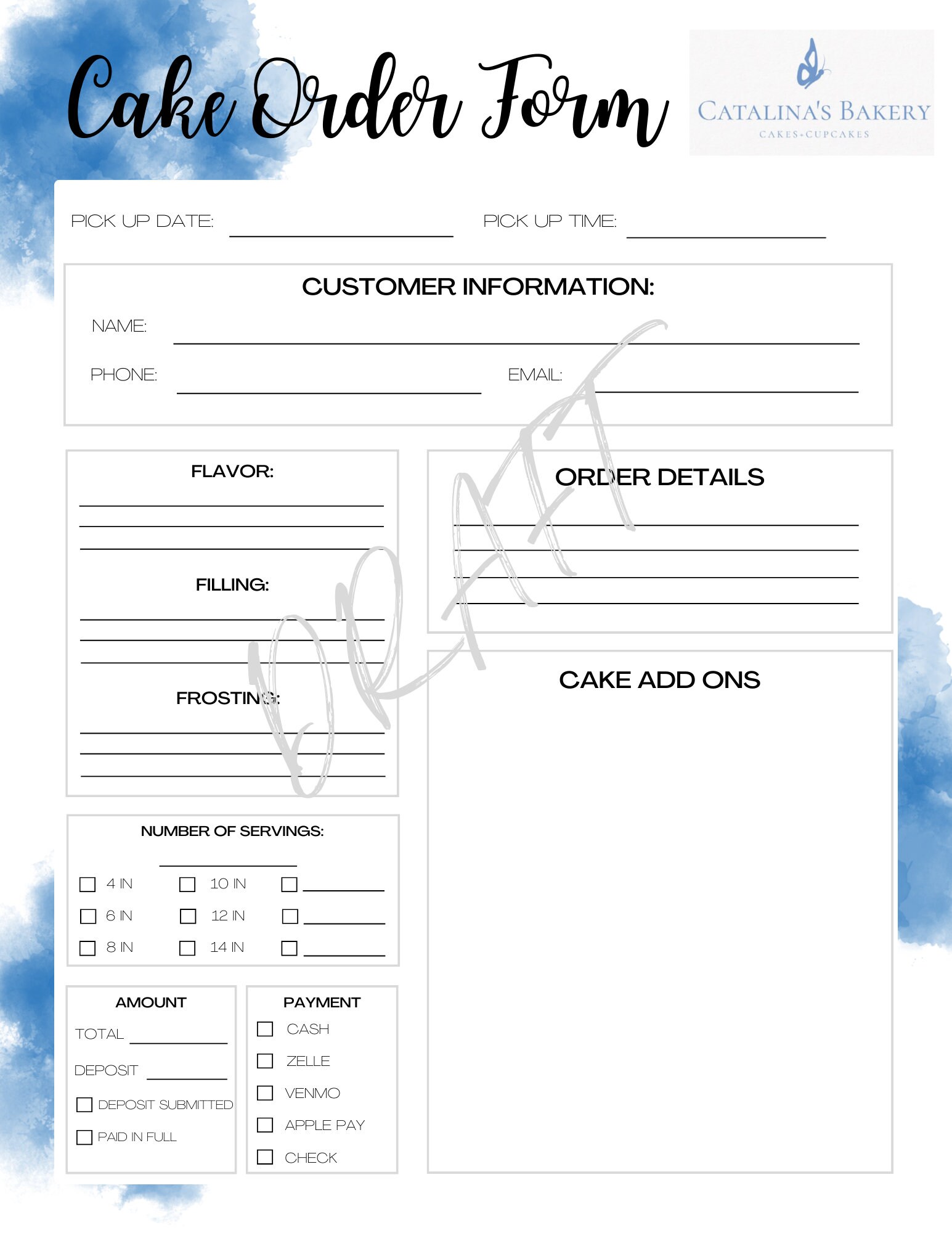 Customizable Cake Order Form, Order Form Template, Printable Order Form ...