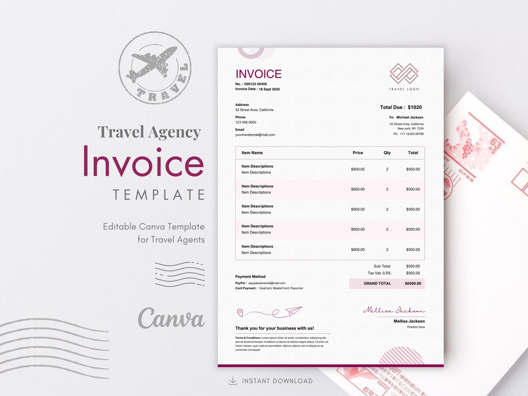Travel Agent Invoice Template – Editable in Canva for Travel Business ...