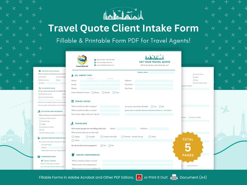 Travel Quote Client Intake Form Fillable PDF Template for Travel Agents ...