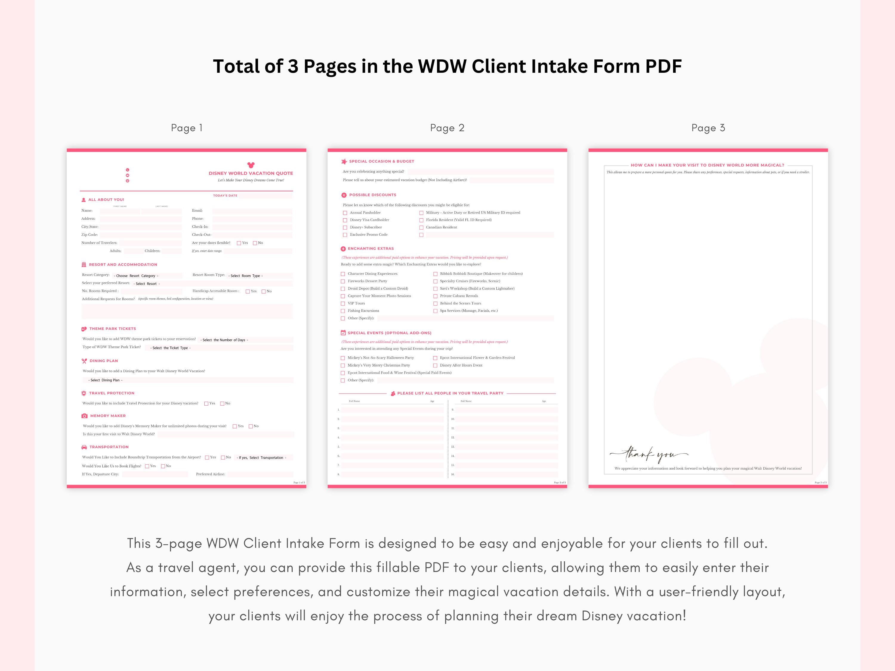 WDW Client Intake Form Fillable PDF Template for Travel Agents - 3 ...