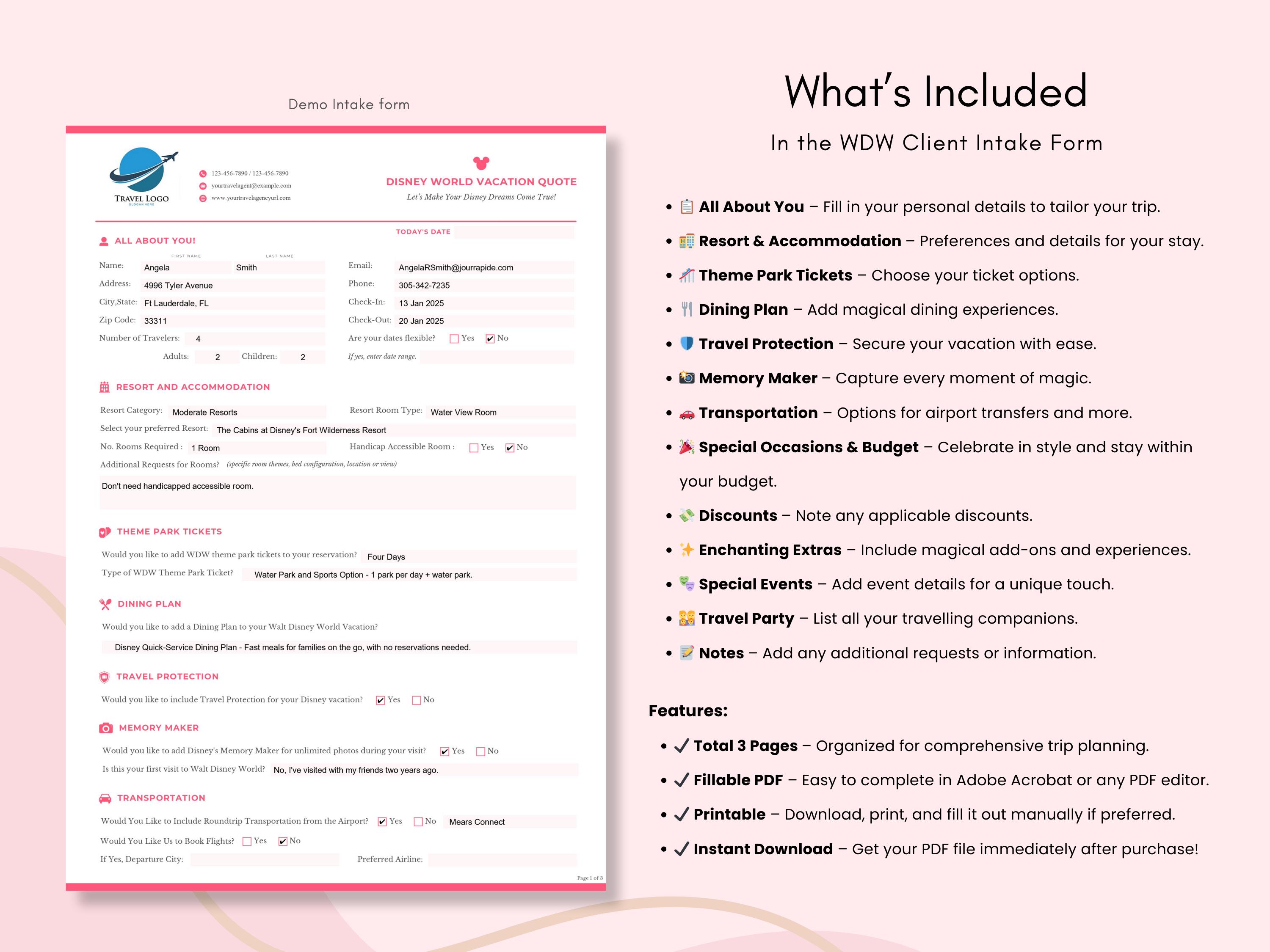 WDW Client Intake Form Fillable PDF Template for Travel Agents - 3 ...