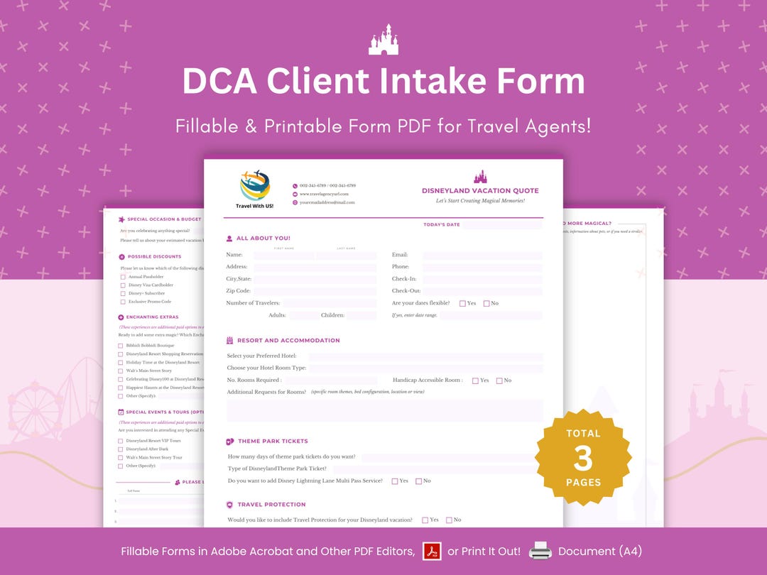 DCA Client Intake Form Fillable PDF Template for Travel Agents 3 Pages ...