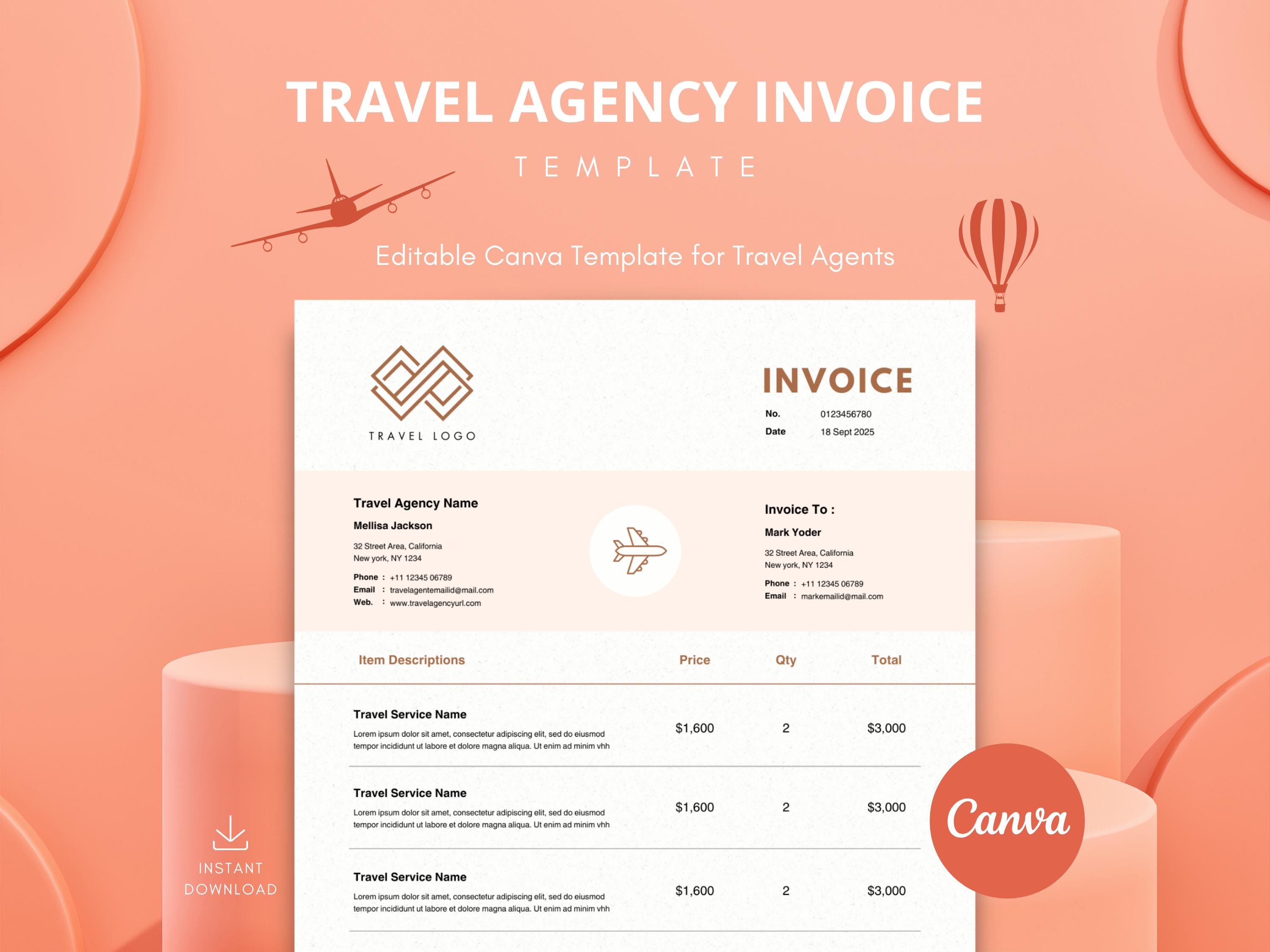 Editable Travel Agency Invoice Template for Travel Agents & Advisors ...