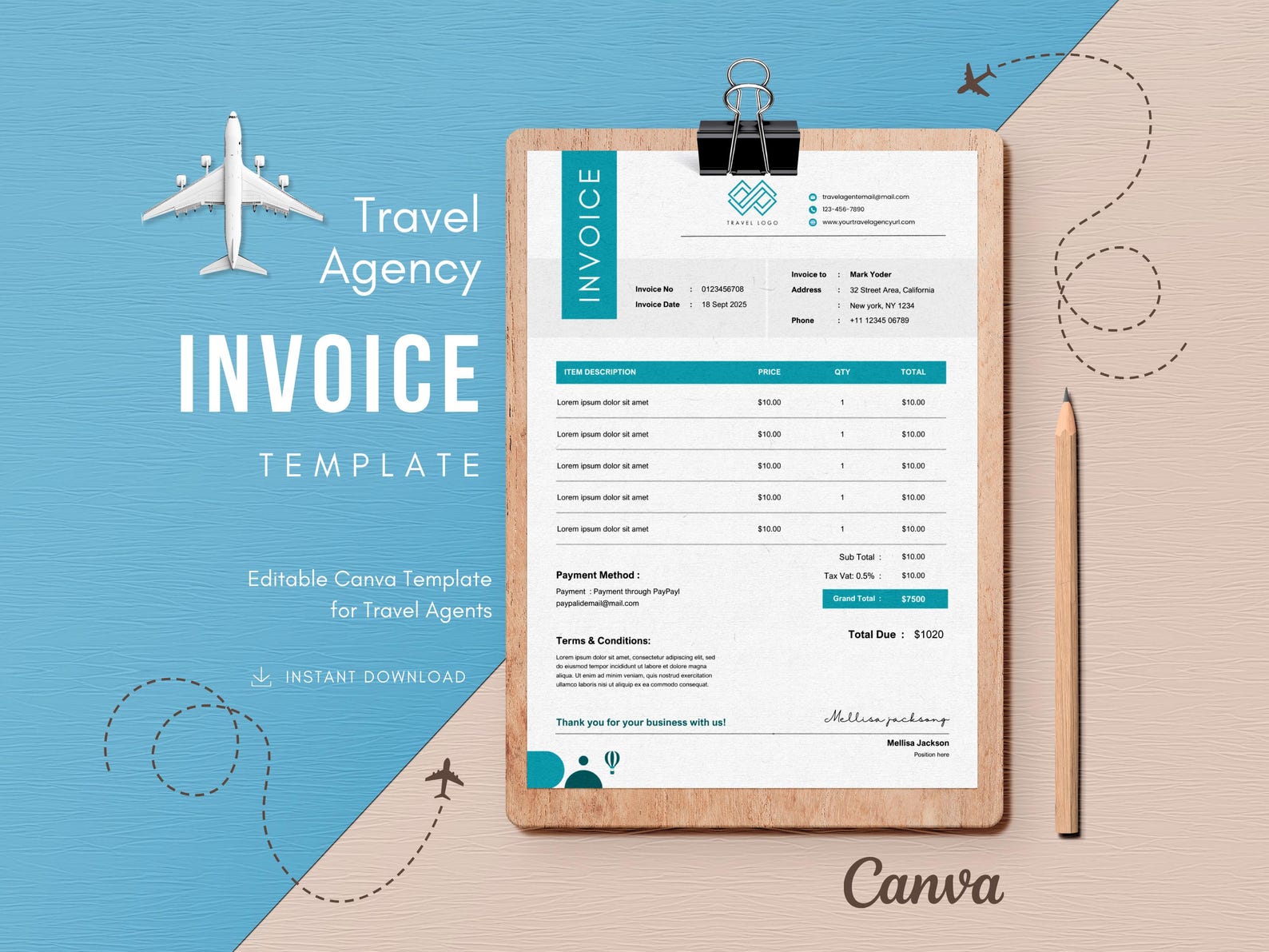 Travel Agency Invoice Template for Agents & Advisors Fully Editable in ...