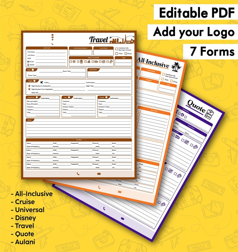 Travel Agent Booking Forms Fillable & Printable PDF Including a Quote ...