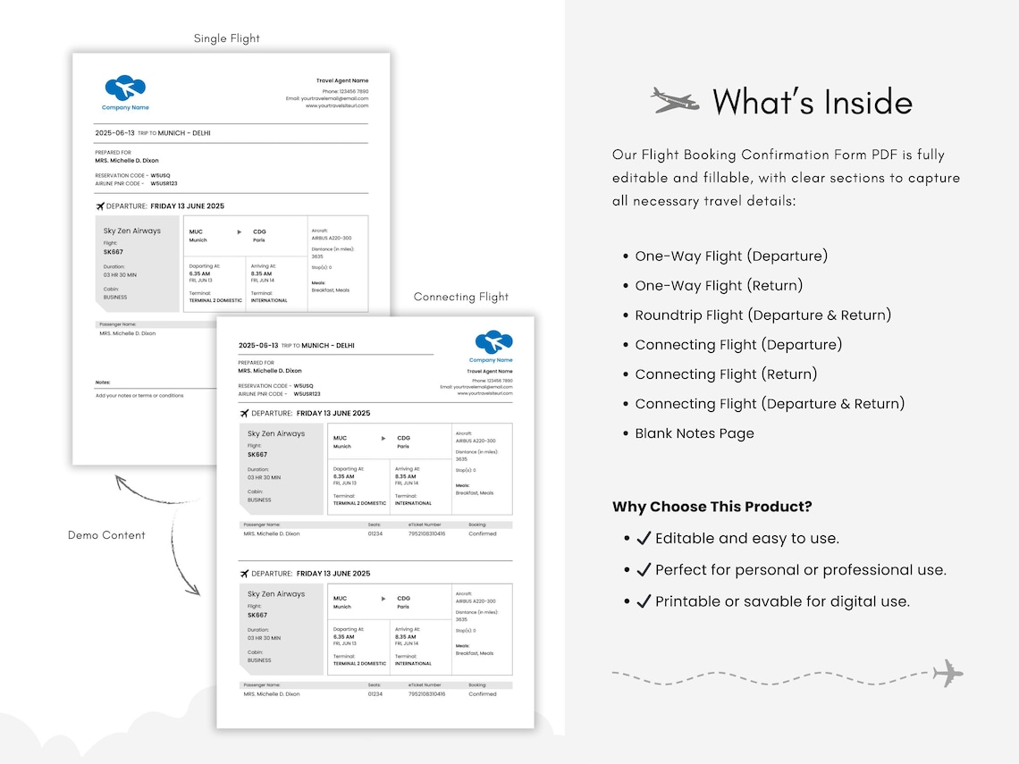 Flight Booking Confirmation Template | Editable in Canva | Travel Agent ...
