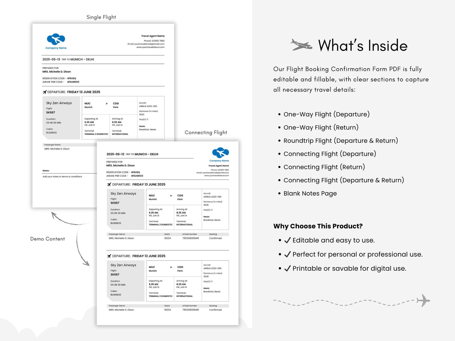Flight Booking Confirmation Template | Editable in Canva | Travel Agent ...