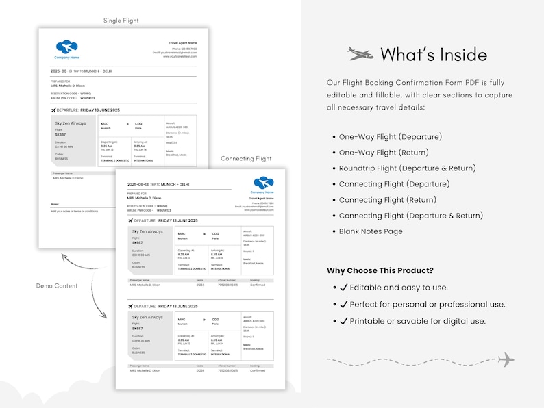 Flight Booking Confirmation Template | Editable in Canva | Travel Agent ...