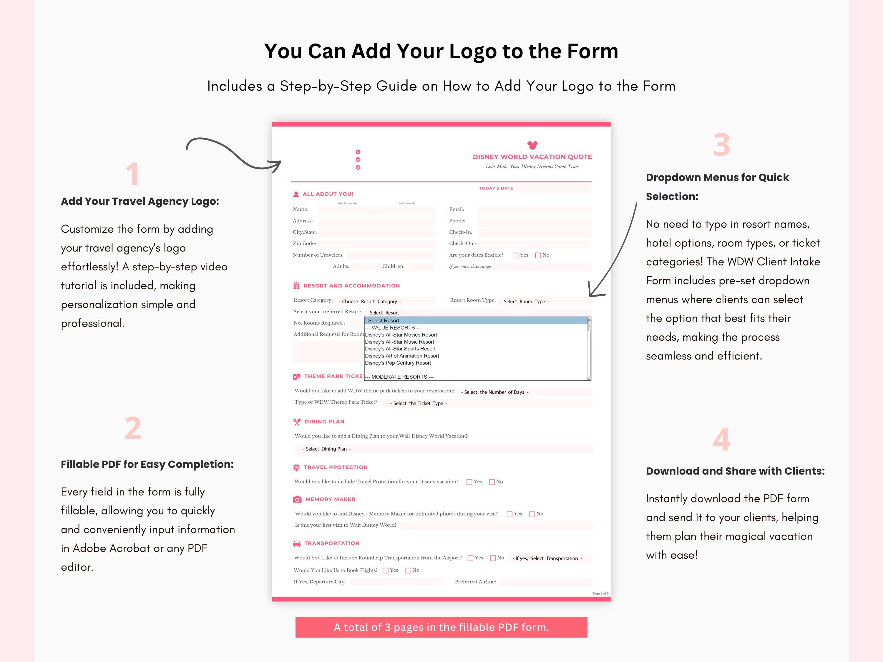 WDW Client Intake Form Fillable PDF Template for Travel Agents - 3 Pages for Vacation Planning ...