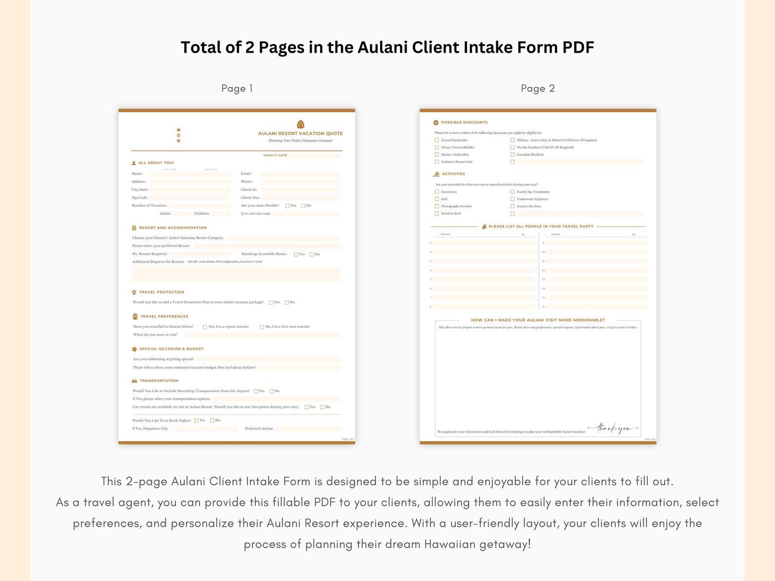 Aulani Client Intake Form Fillable PDF Template for Travel Agents – 2 ...