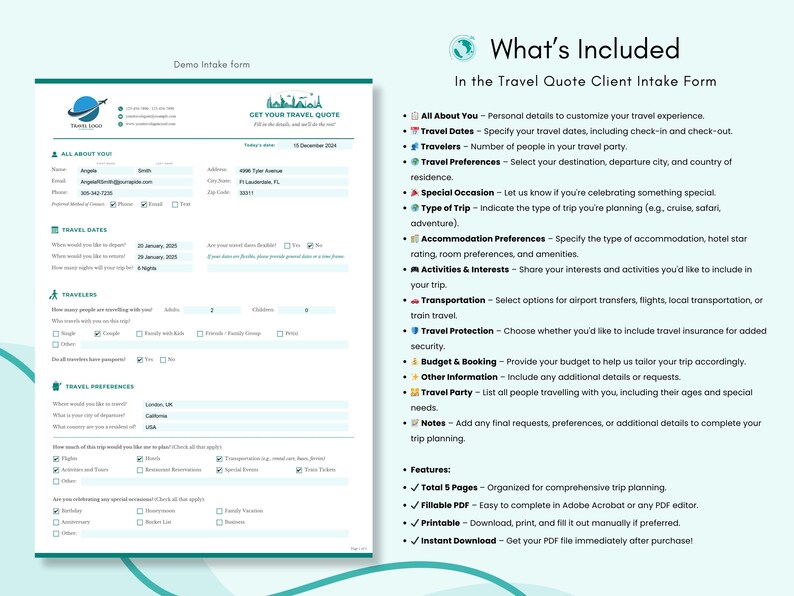 Travel Quote Client Intake Form Fillable PDF Template for Travel Agents ...