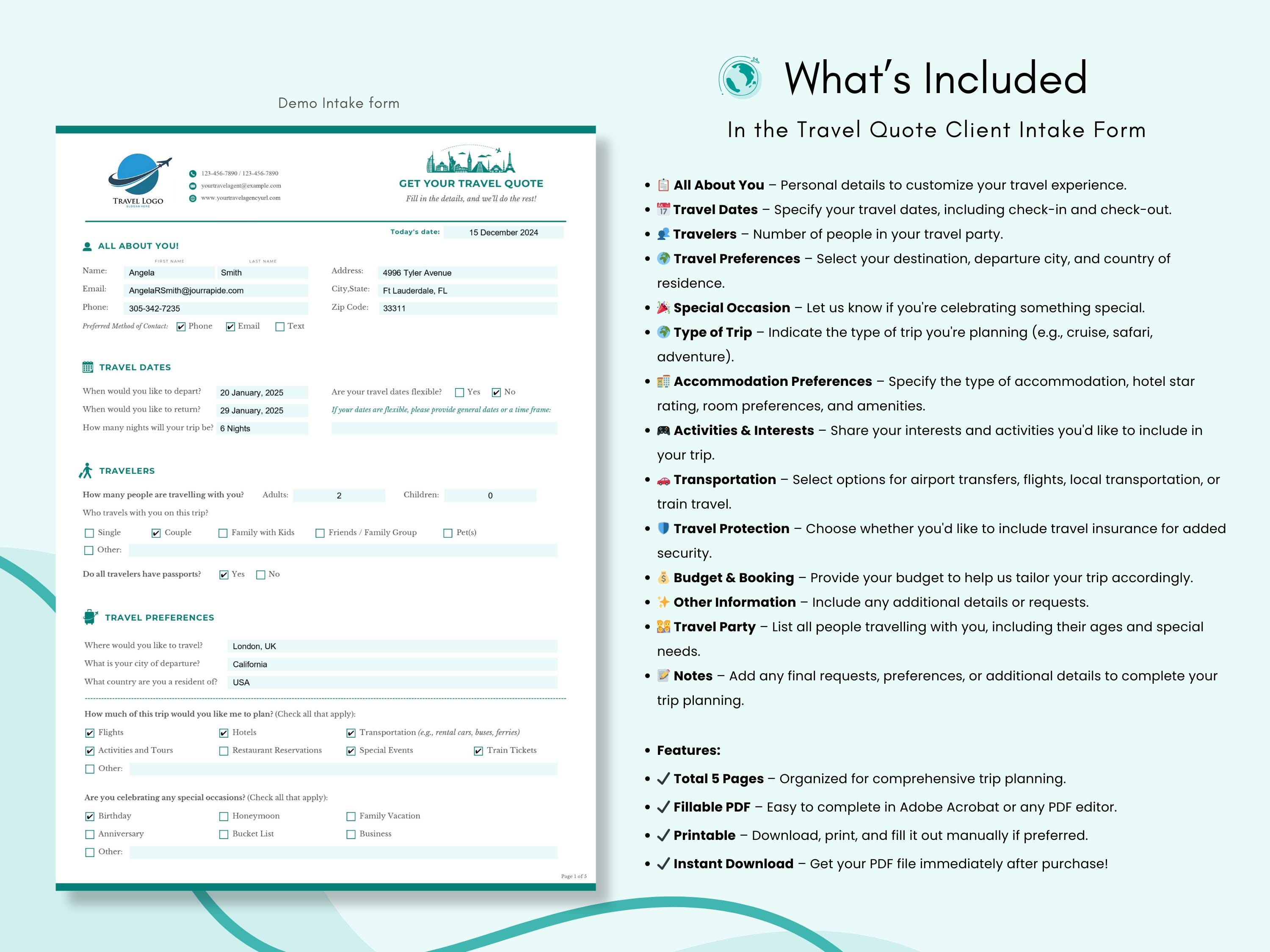Travel Quote Client Intake Form Fillable PDF Template for Travel Agents ...