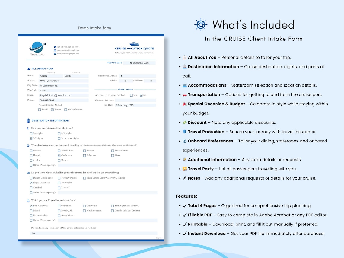Cruise Client Intake Form Fillable PDF Template for Travel Agents – 4 ...