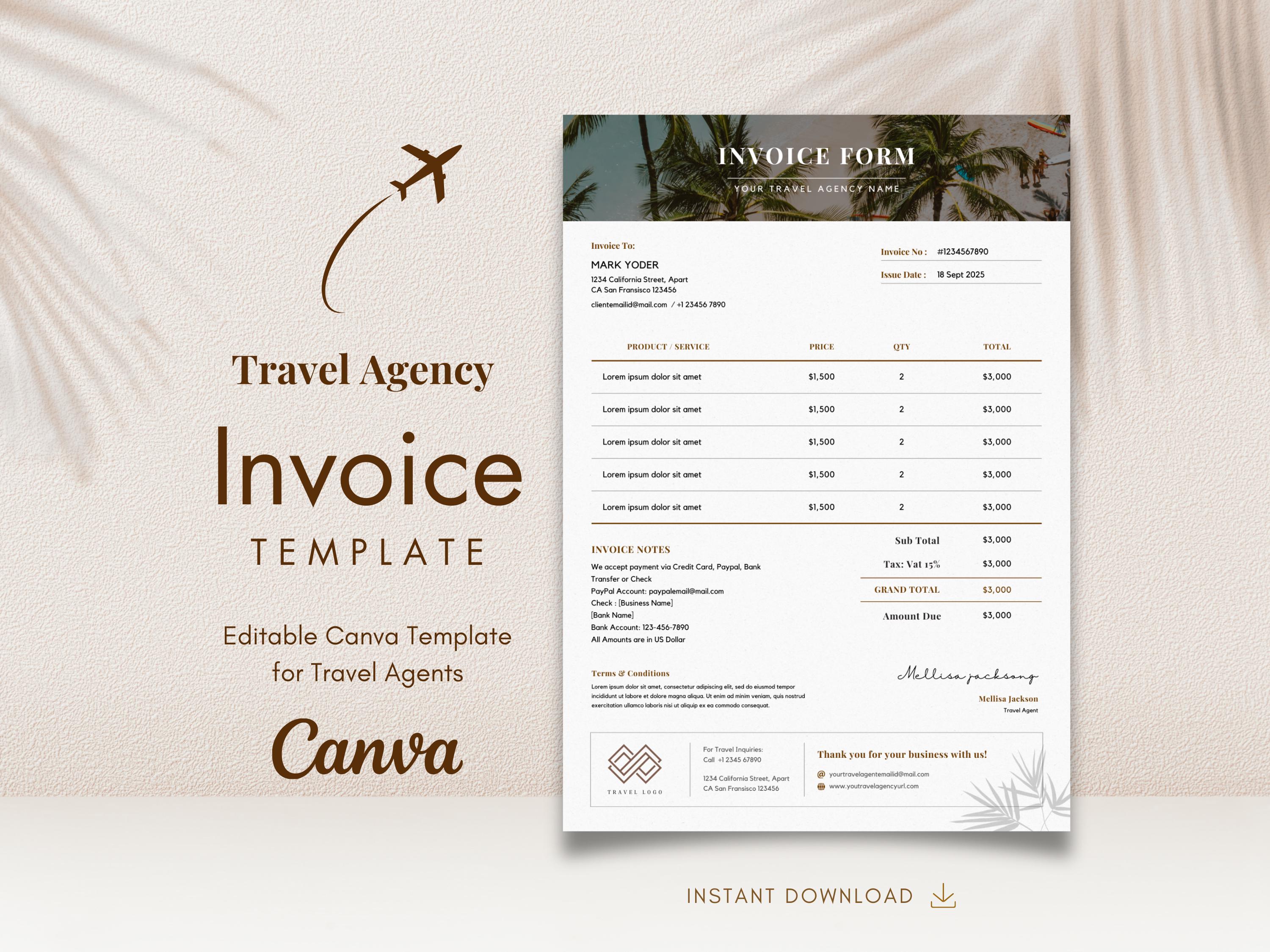 Travel Agency Invoice Template for Travel Agents & Advisors – Editable ...