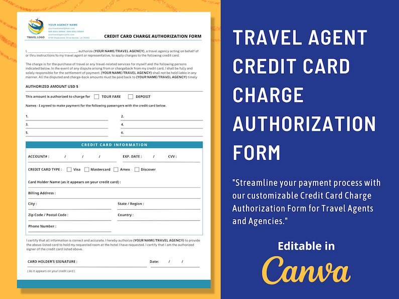 Credit Card Charge Authorization Form for Travel Agents and Agencies ...