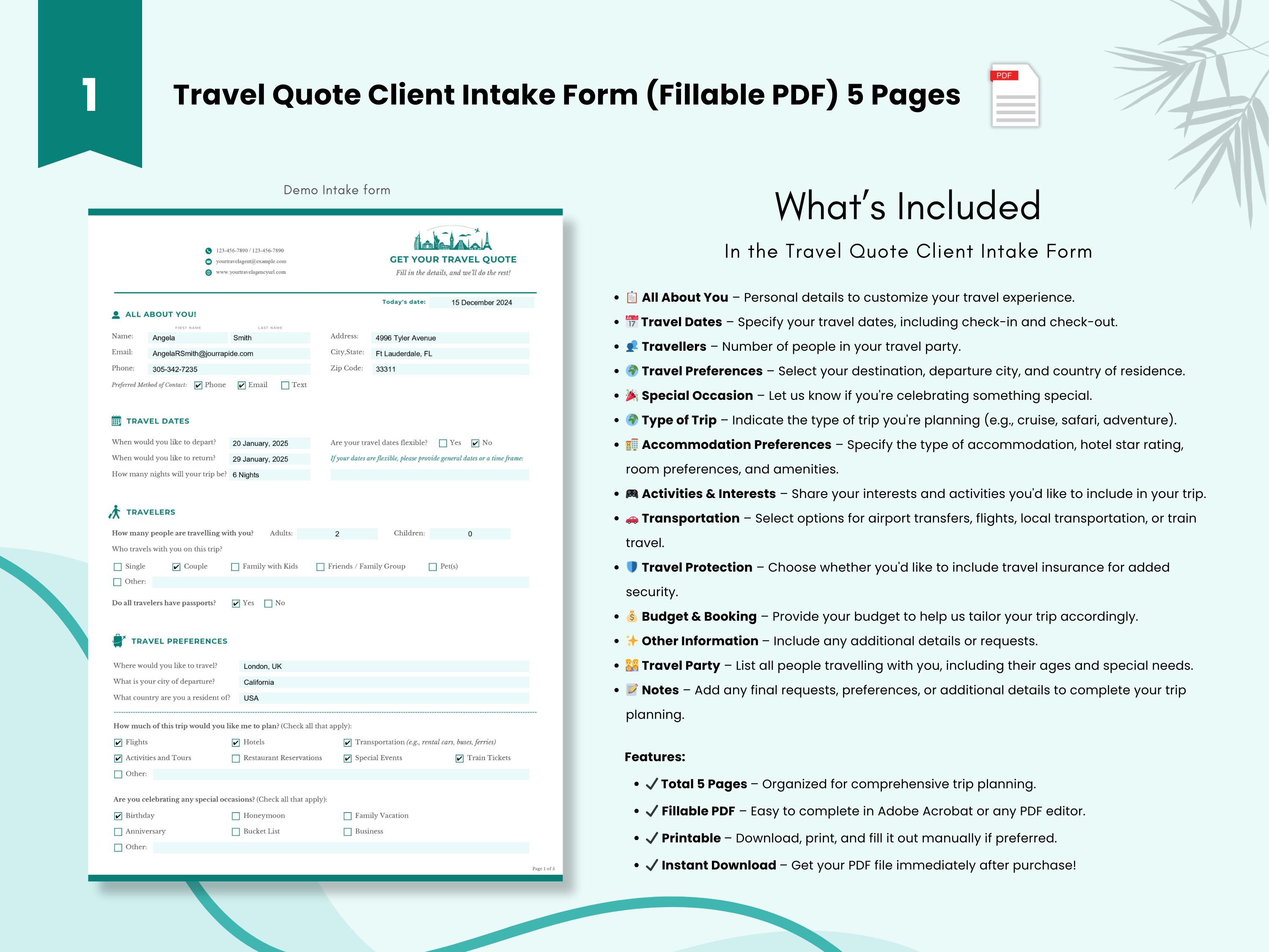 Travel Quote Client Intake Form & Booking Confirmation Form Bundle ...