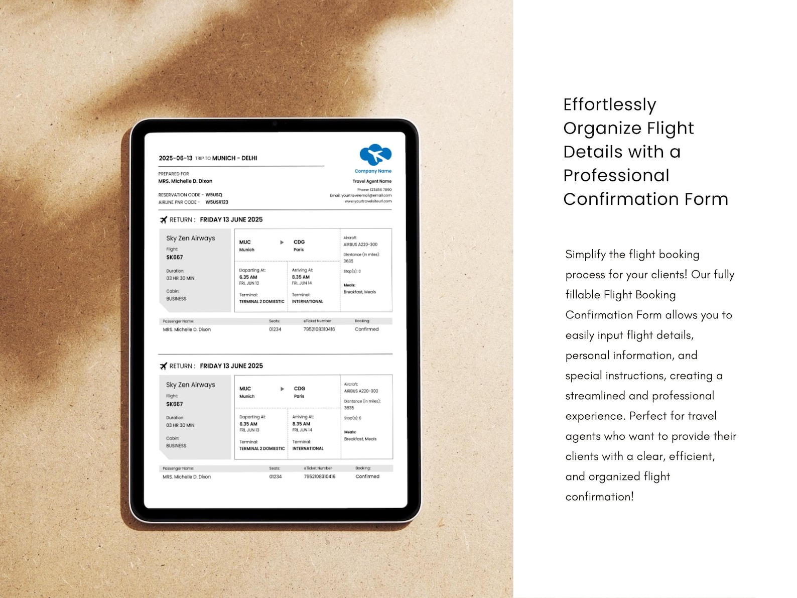 Flight Booking Confirmation Template | Editable in Canva | Travel Agent ...